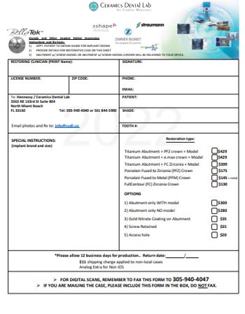 Printable Rx Forms – Ceramics Dental Lab North Miami Beach